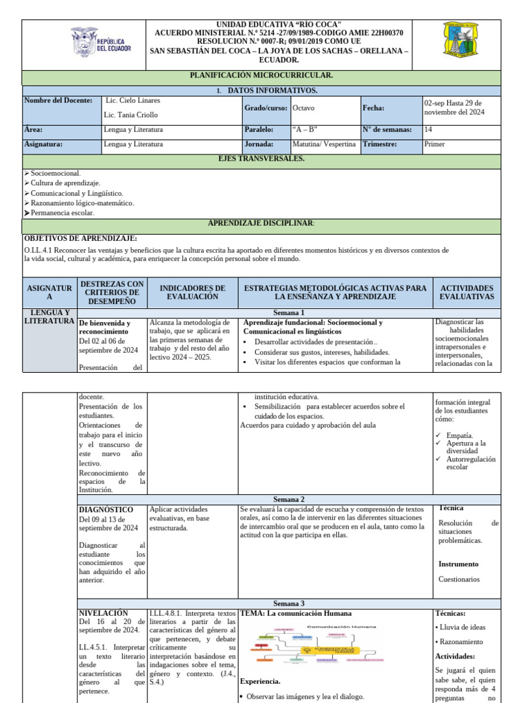 Planificación 8vo Lengua y Literatura | PDF | Comunicación | Evaluación
