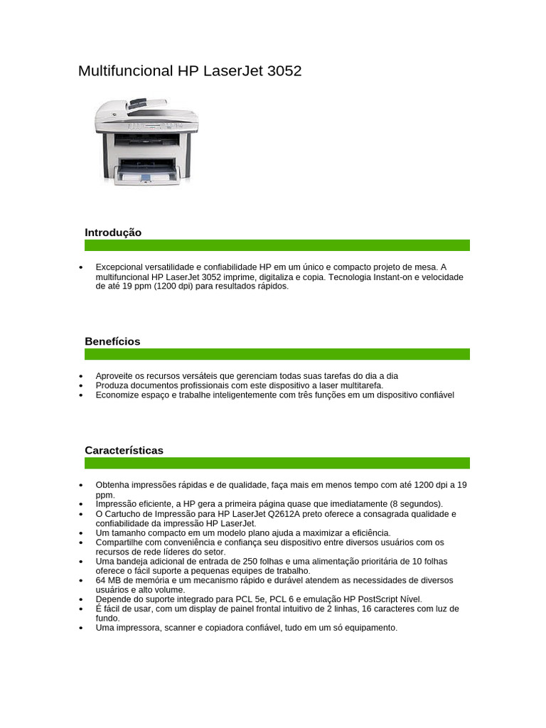 Multifuncional HP LaserJet 3052 | PDF | Hewlett Packard | USB