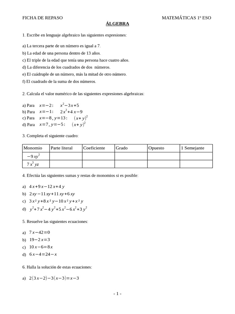 1 - Ficha Repaso Álgebra 1º ESO | PDF
