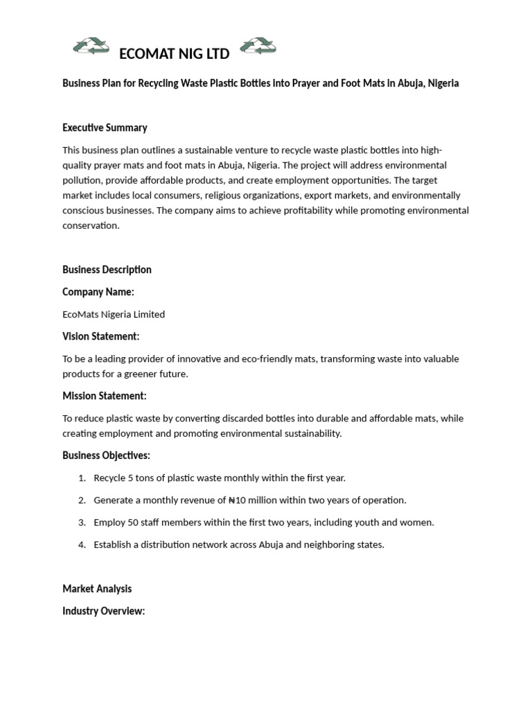 Business Plan For Recycling Waste Plastic Bottles Into Prayer and Foot ...