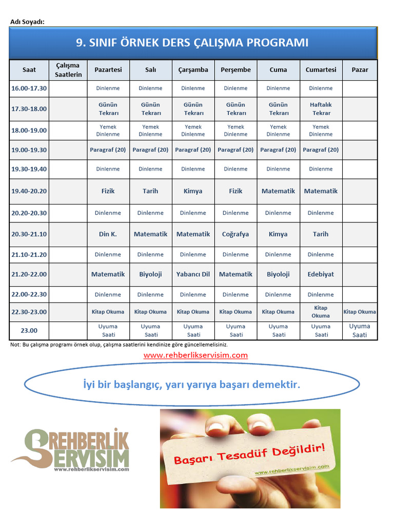 9.sinif Ders Calisma Programi 2 | PDF