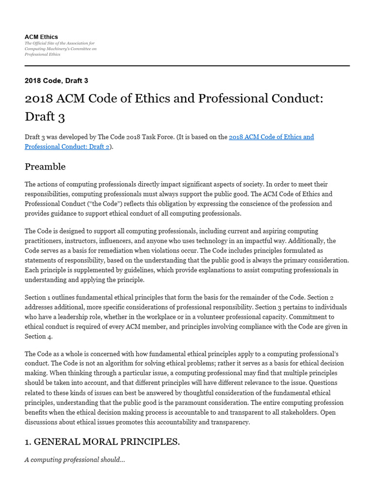 2018 Code, Draft 3 - ACM Ethics | PDF | Discrimination | Privacy