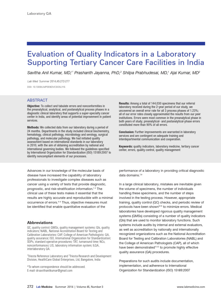 Quality Management in Cancer Labs | PDF | Quality Assurance | Pathology