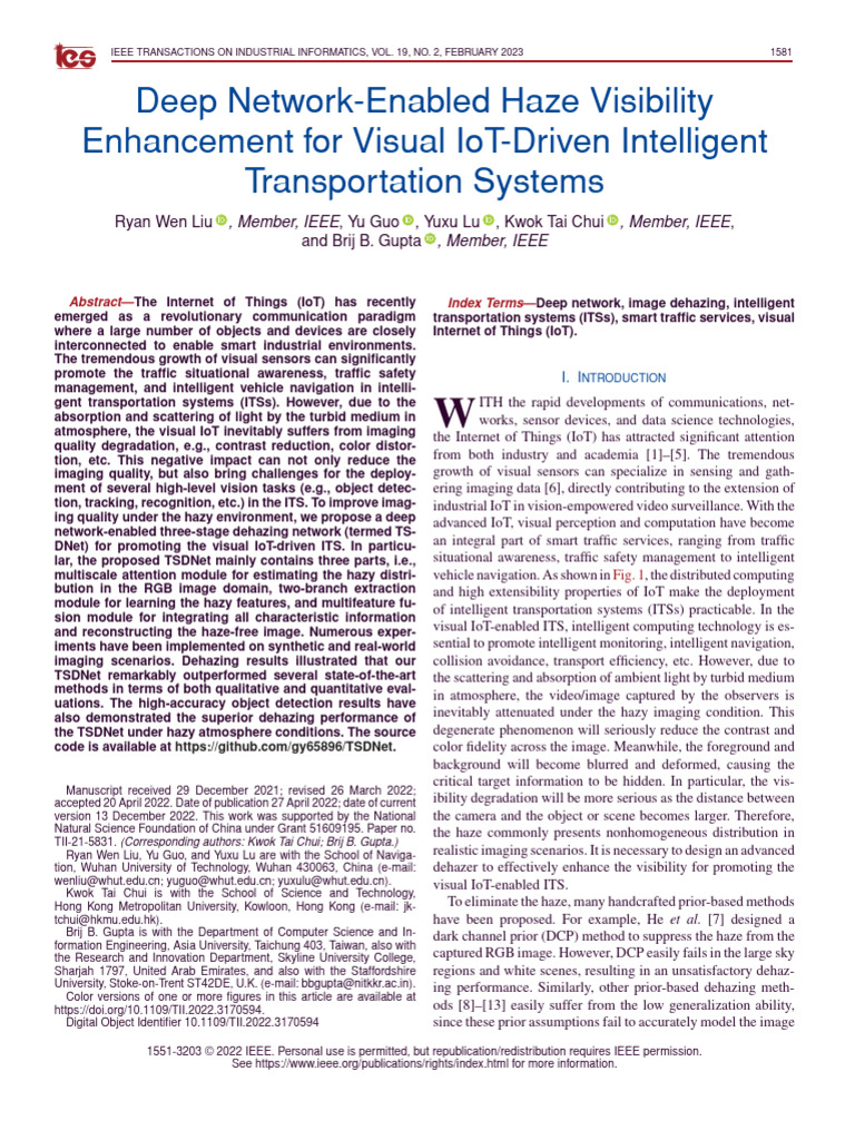 Deep Network-Enabled Haze Visibility Enhancement For Visual IoT-Driven Intelligent ...