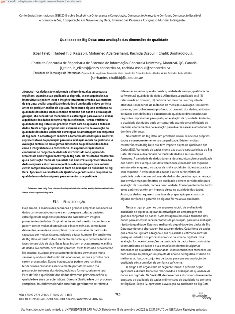 Big Data Quality A Quality Dimensions Evaluation - En.pt | PDF | Dados | Big Data