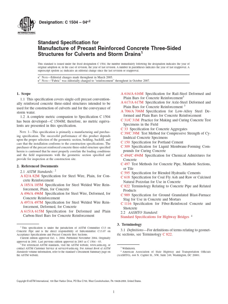 C1504 Precast Three-Sided Culverts | PDF | Concrete | Cement