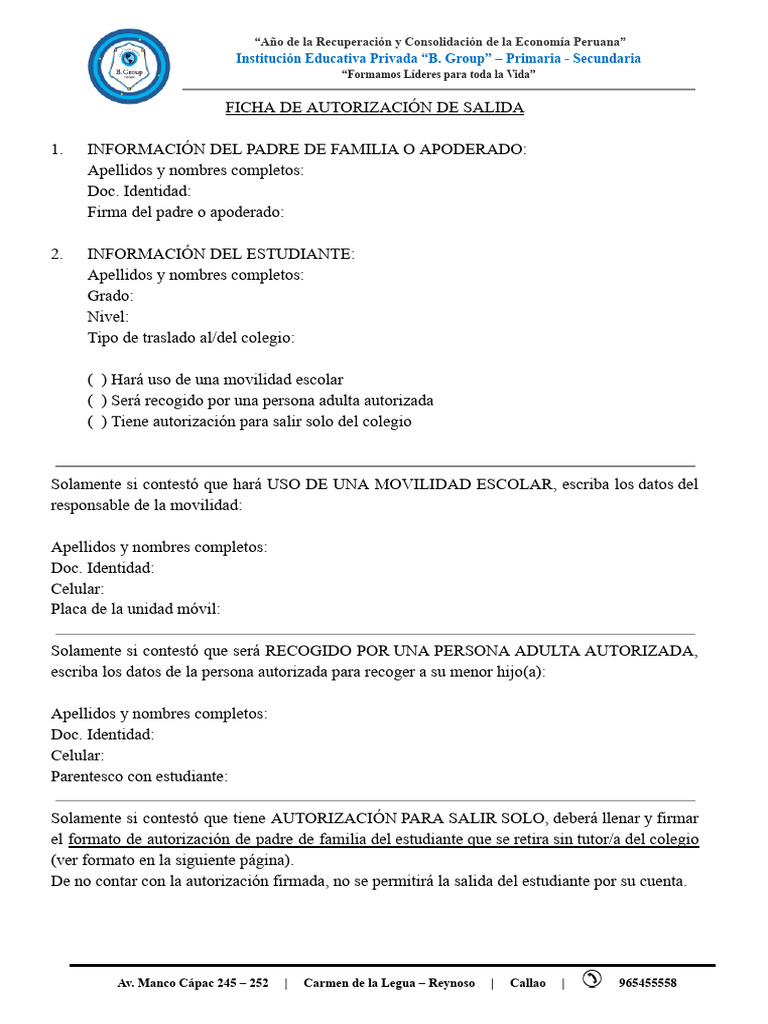 Autorización de Salida Escolar | PDF
