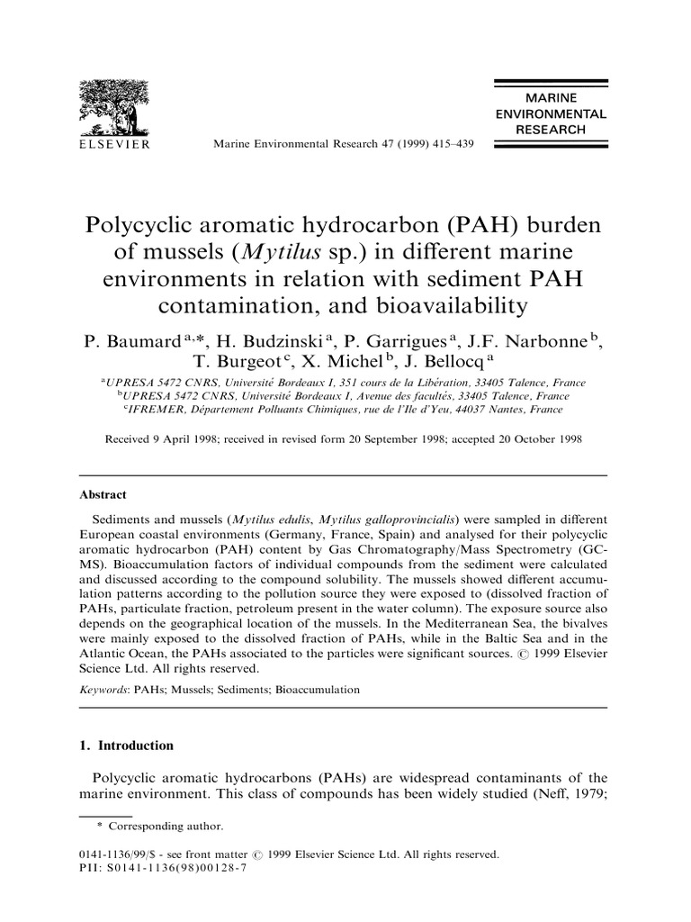 (BAUMARD Et Al, 1999) Polycyclic Aromatic Hydrocarbon (PAH) Burden of Mussels (Mytilus SP.) in ...