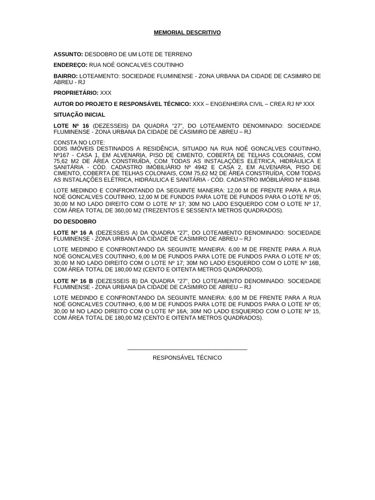Modelo de Memorial Descritivo para Desdobro de Terreno | PDF