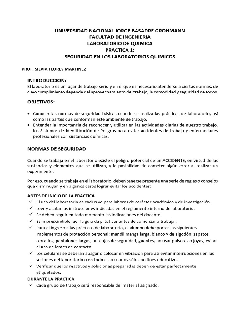 Practica 1 Seguridad en Laboratorios Quimicos | PDF | Laboratorios | Agua
