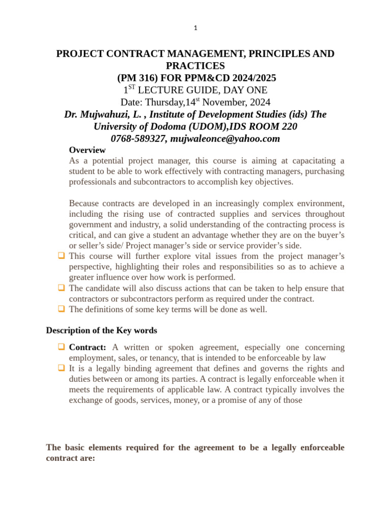 Project Contract Management Lecture Guide One | PDF | Offer And ...