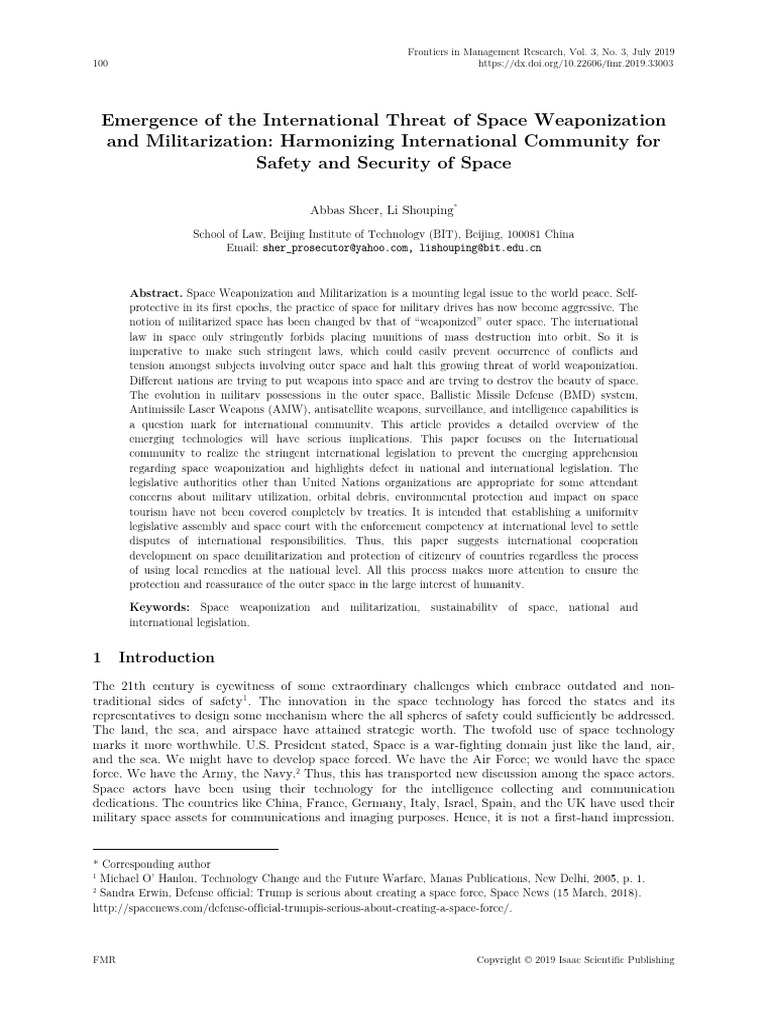 Emergence of The International Threat of Space Weaponization Pval2ng267 ...