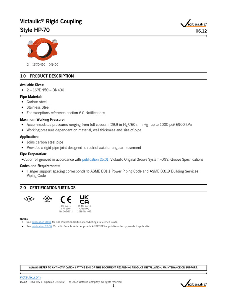 Cople Rigido Victaulic 70 1000 PSI | PDF | Pipe (Fluid Conveyance) | Screw