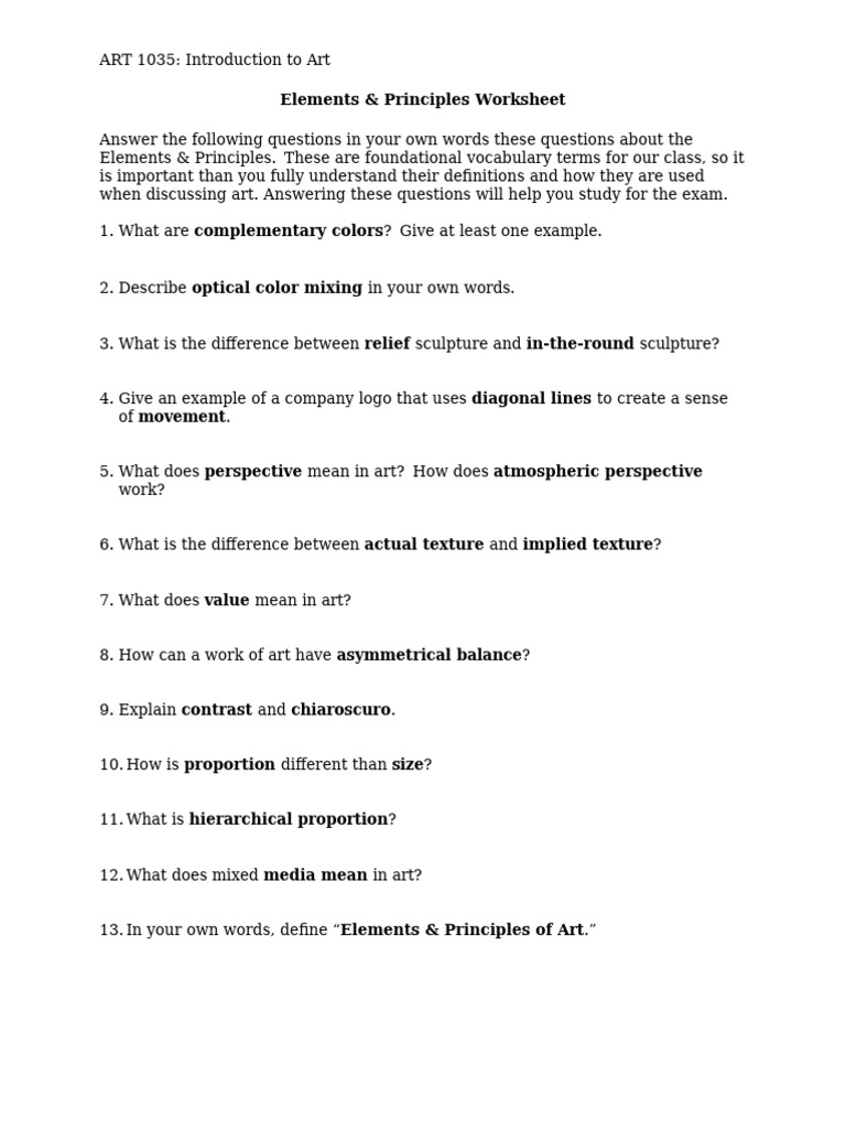 Elements Principles Worksheet | PDF