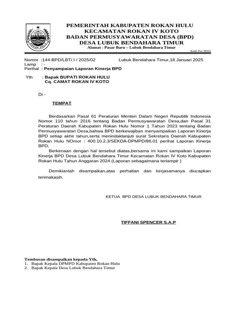 Laporan Kinerja BPD 2024 Rokan Hulu | PDF