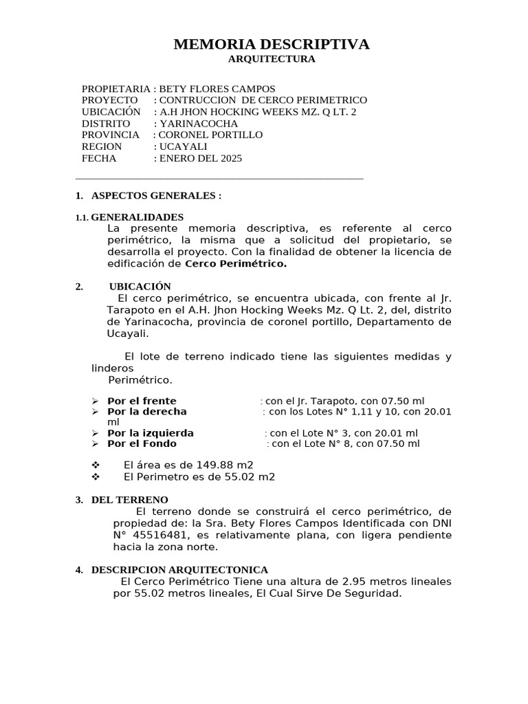 Memoria Descriptiva | PDF | Albañilería | Materiales de construcción