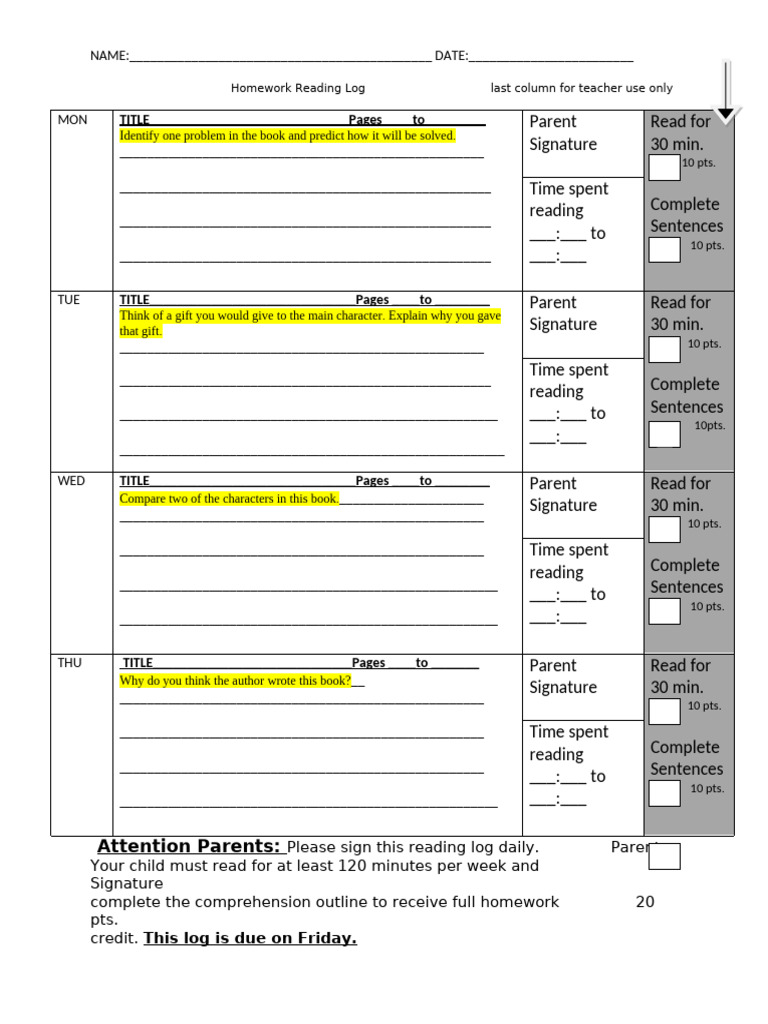 Homework Reading Log EOY 3 | PDF