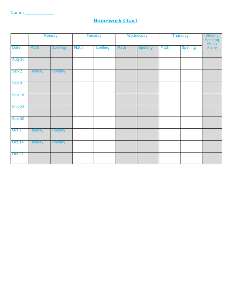 Weekly Homework Chart Template | PDF