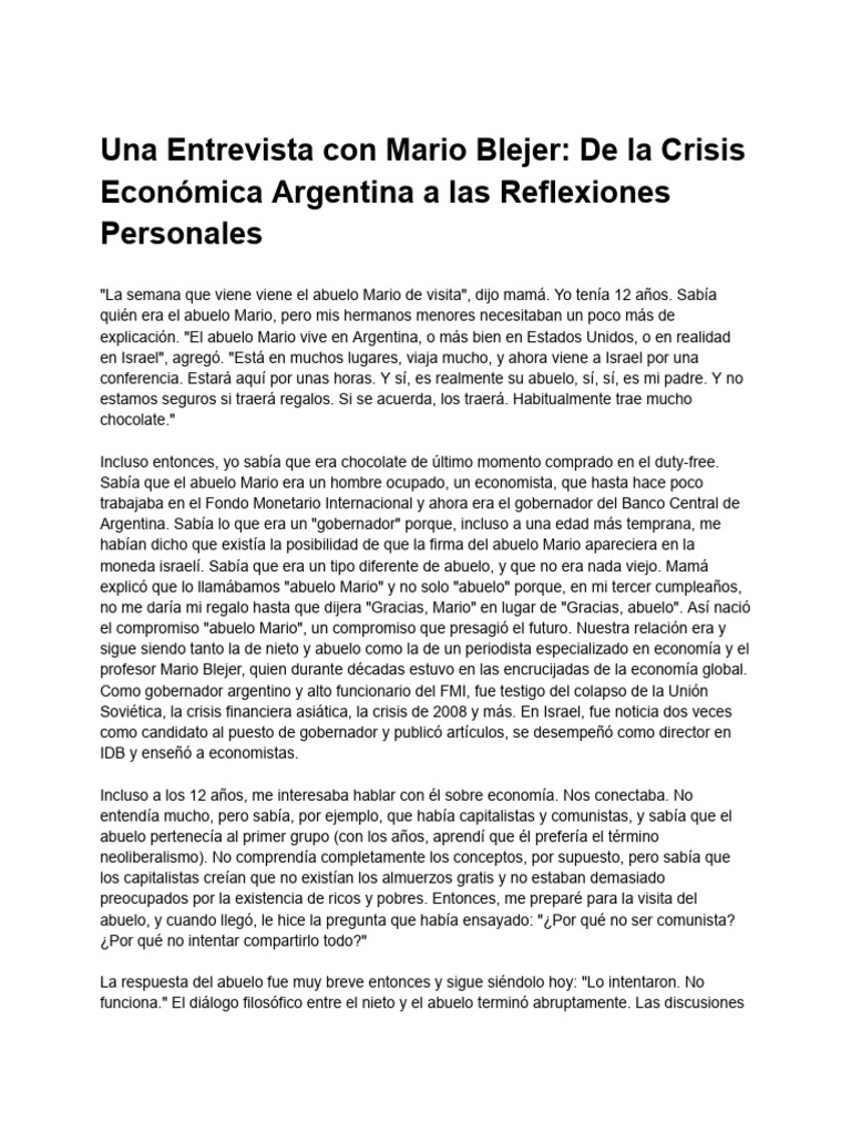 Una Entrevista Con Mario Blejer - de La Crisis Económica Argentina A ...