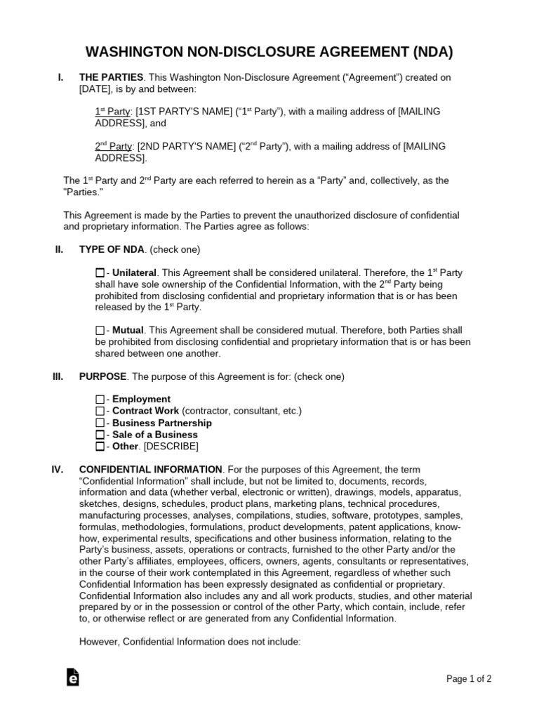 Washington Non-Disclosure Agreement Template | PDF | Non Disclosure ...