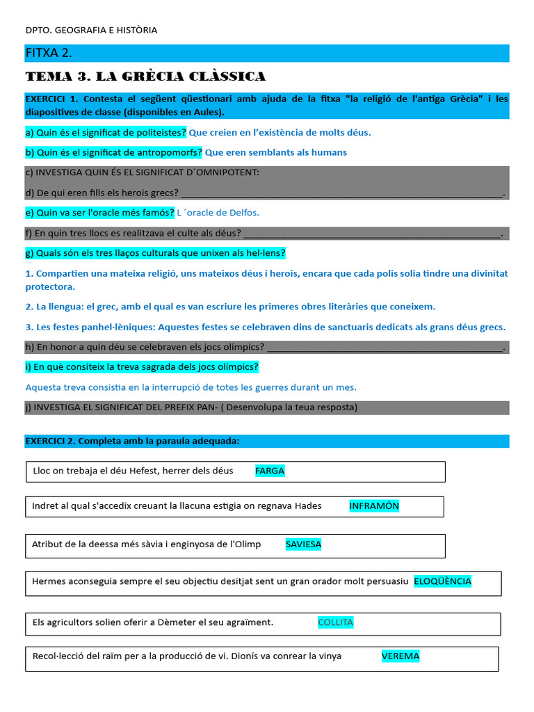 Ficha 2. Corregida. Tema 3. Grecia Clásica. en Valencià | PDF