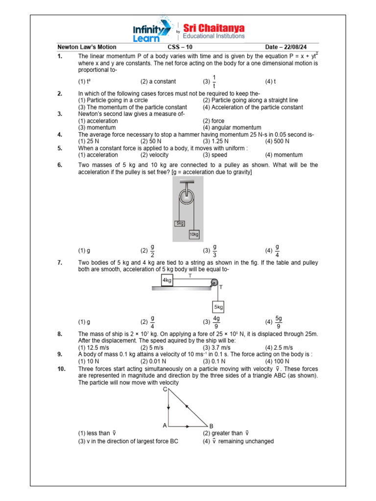QP - Newton Law's Motion - CSS - 10 | PDF | Force | Momentum