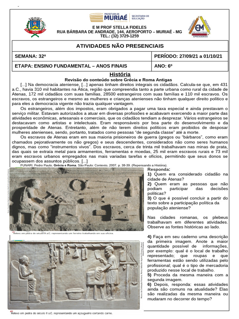 6º Ano História Atividade Semana 32 | PDF | Escravidão | Atenas