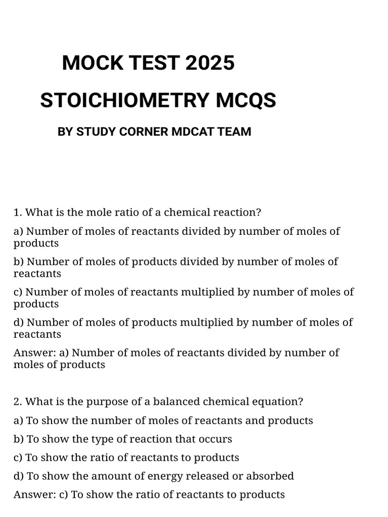 Stoichiometry Test by Study Corner Mdcat Team 2025 | PDF | Sodium ...
