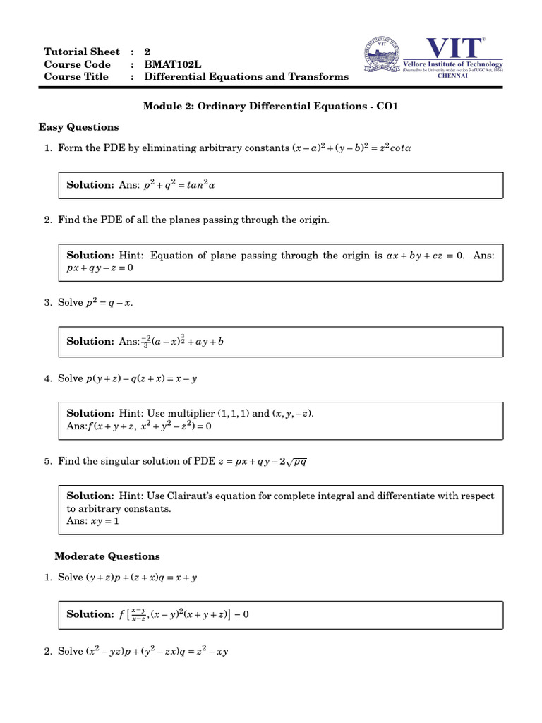 Module2 Tutorial Sheet DET BMAT102L | PDF | Partial Differential ...