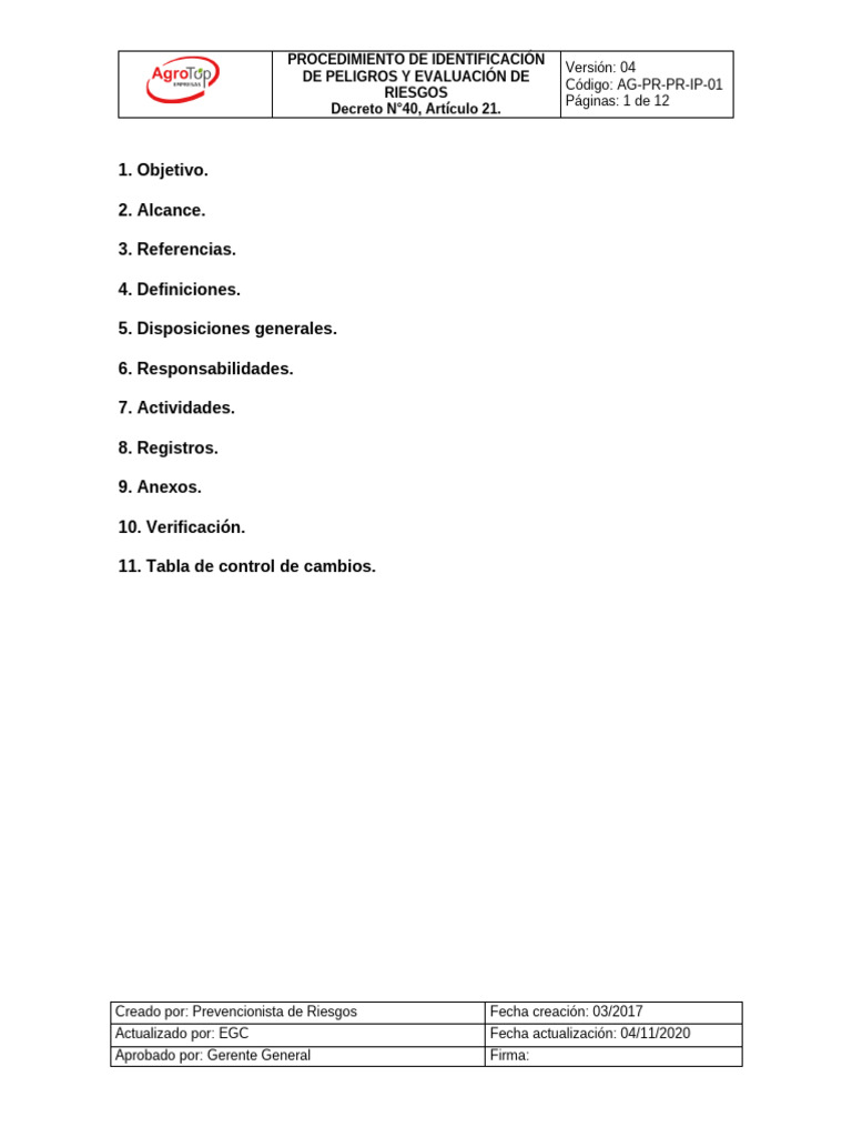 Procedimiento de Identificación de Peligros y Evaluación de Riesgos v4 (AG-PR-PR-IP-01) | PDF ...