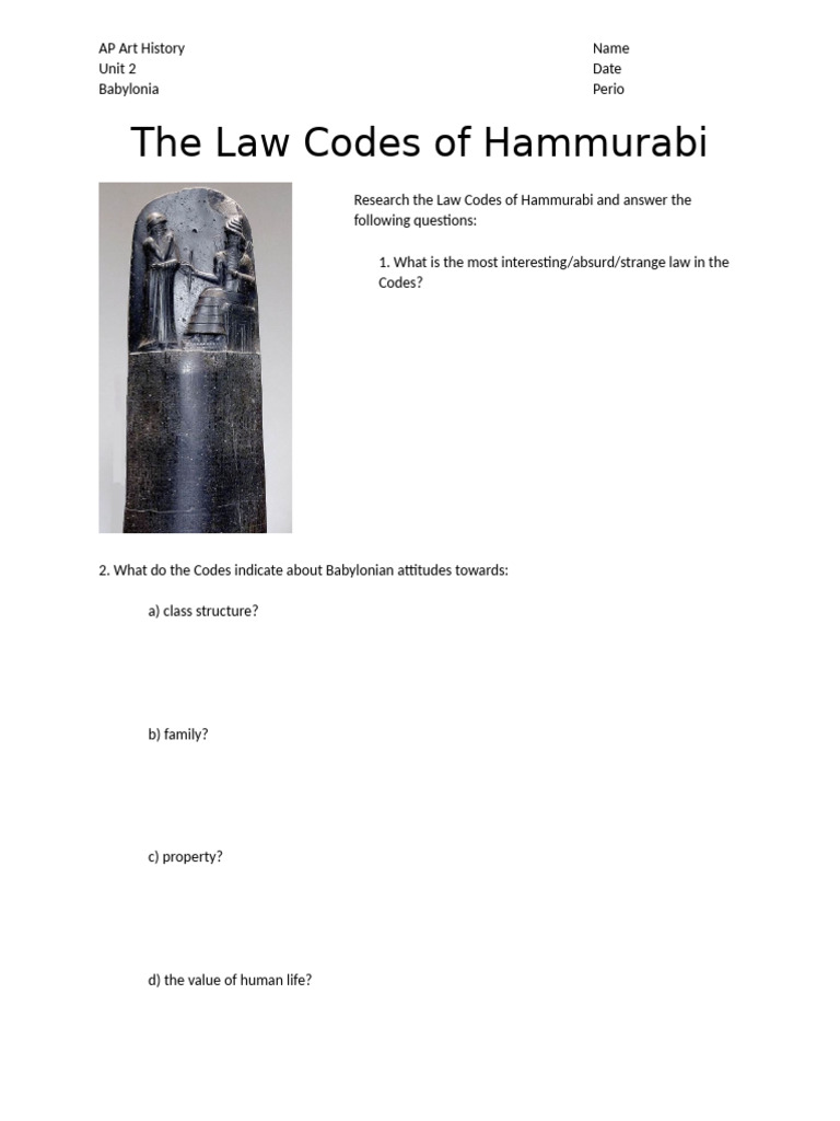 Law Codes of Hammurabi Activity | PDF