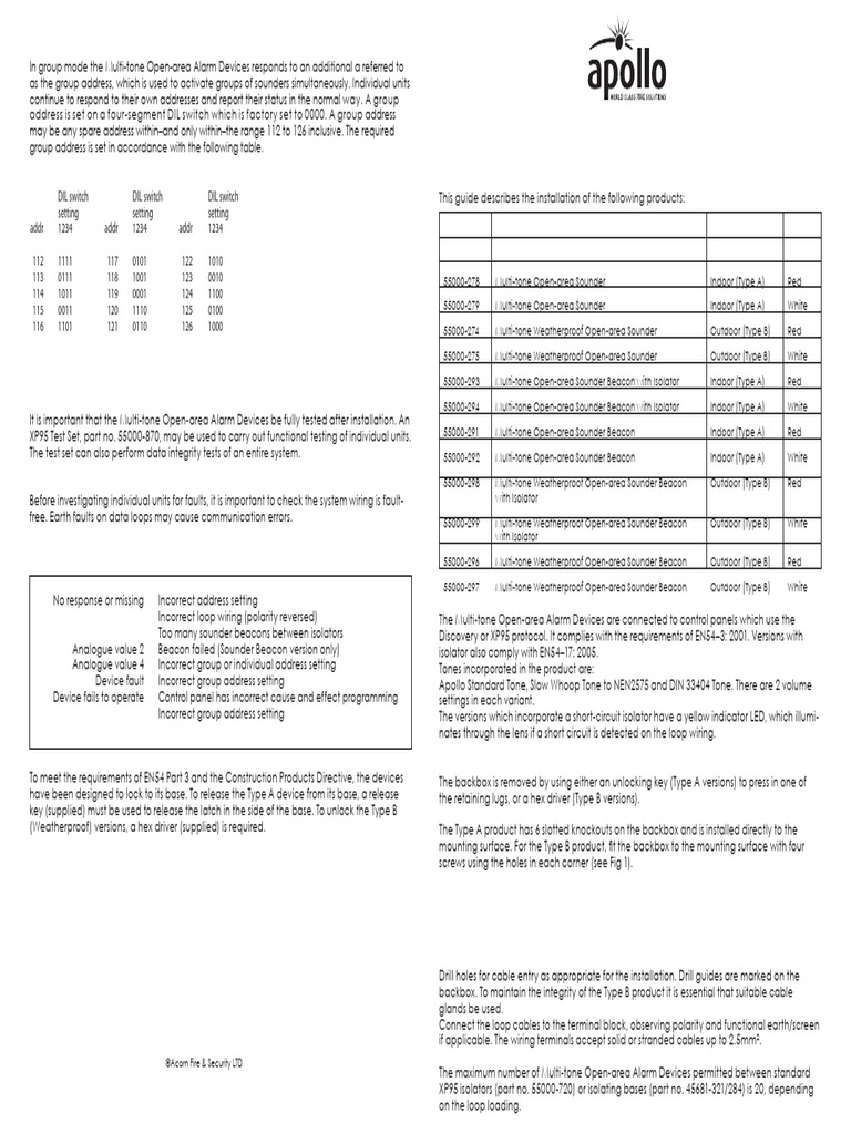Apollo Open-Area Sounder Manual | PDF | Electrical Engineering | Equipment