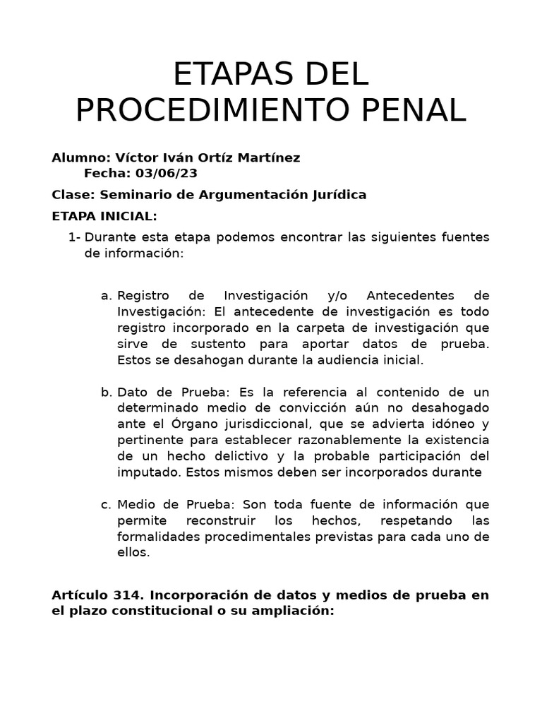 Etapas del Procedimiento Penal | PDF | Evidencia (ley) | Duda razonable