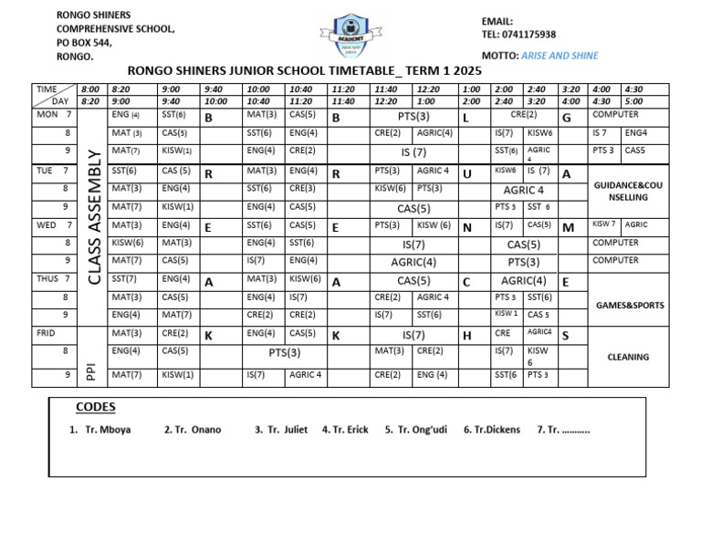 Rongo Shiners Junior School Timetable 2025 | PDF