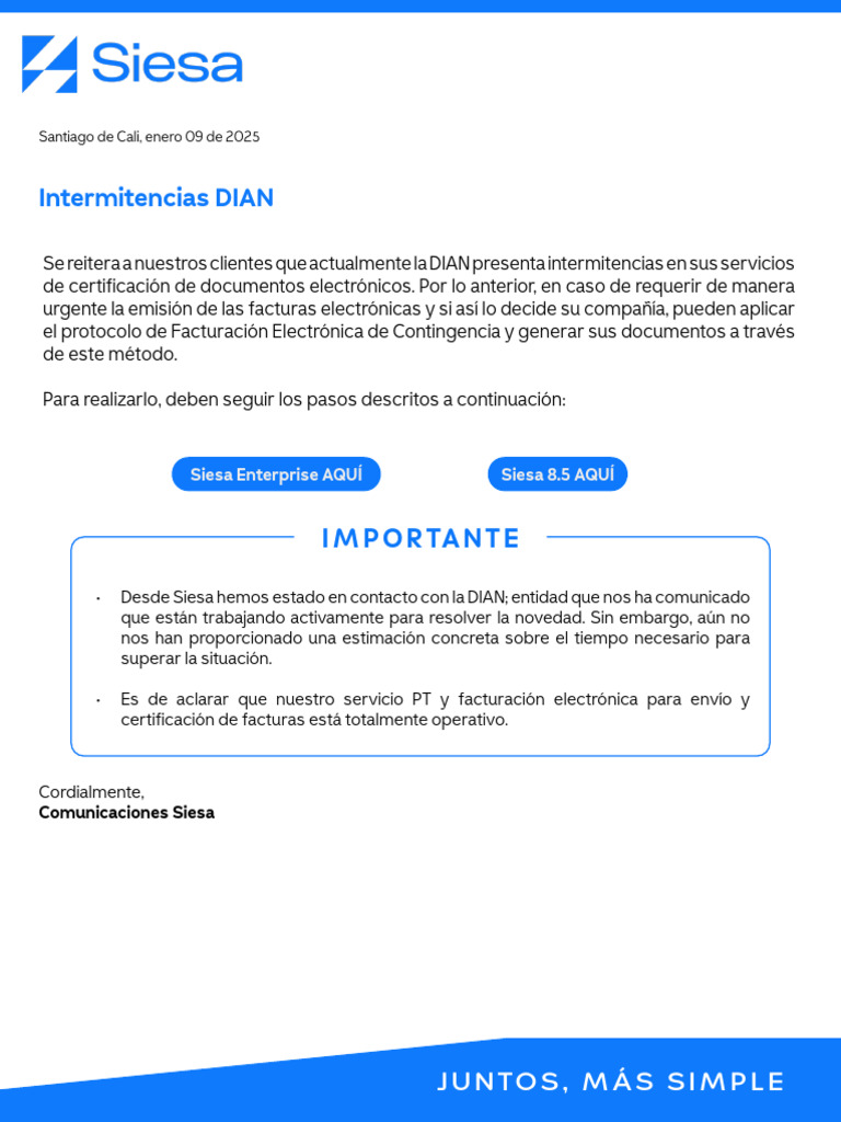 Comunicado Intermitencia DIAN 09-01-25 Siesa | PDF