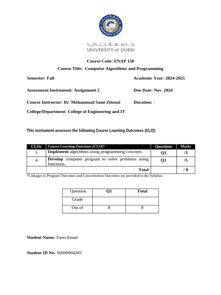ENAP 150 Assignment 2 Fall 24-25 - S0000004265 | PDF | Function ...