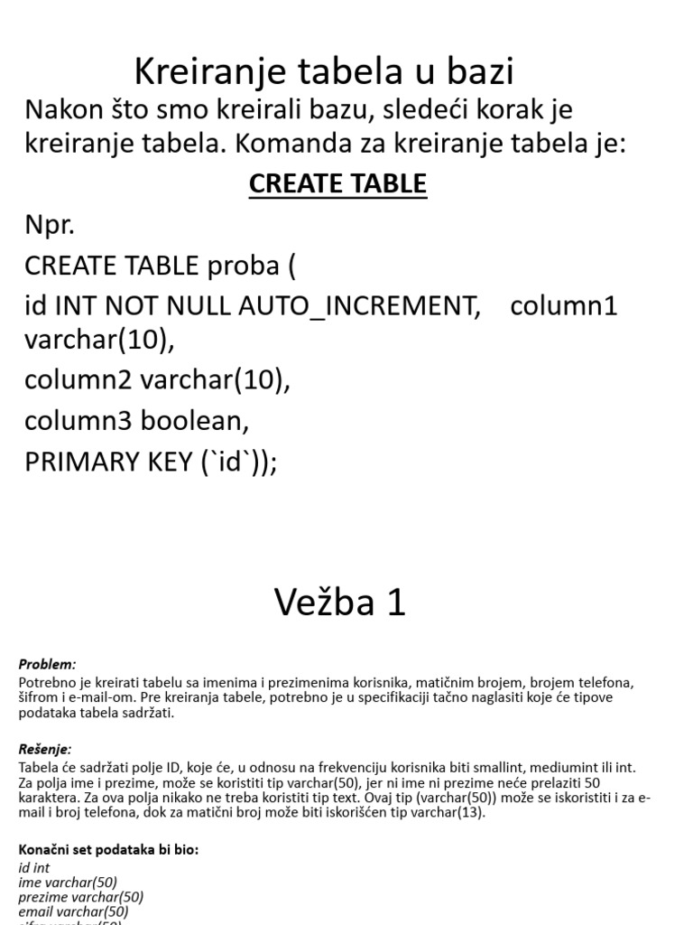 Kreiranje Tabela U Bazi | PDF