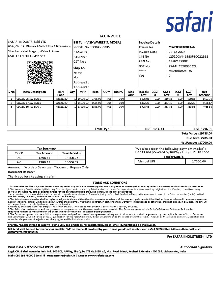 Safari Bags Bill Receipt | PDF | Legal Liability | Contractual Term