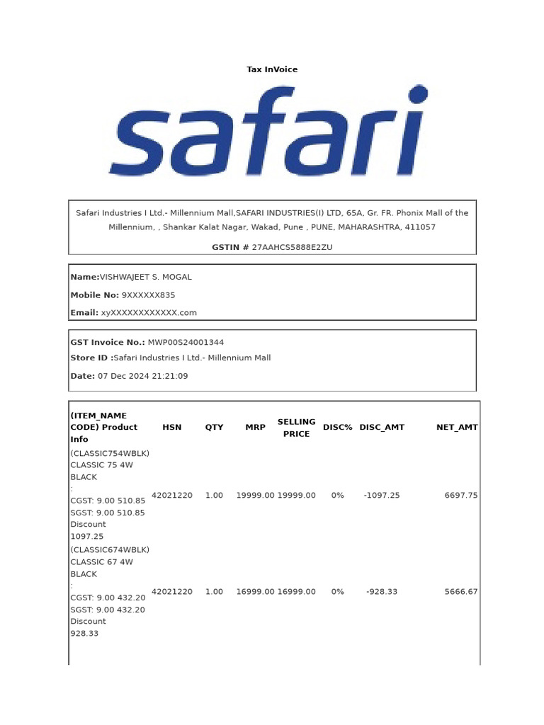 GST Invoice for Safari Industries Purchase | PDF | Legal Liability ...