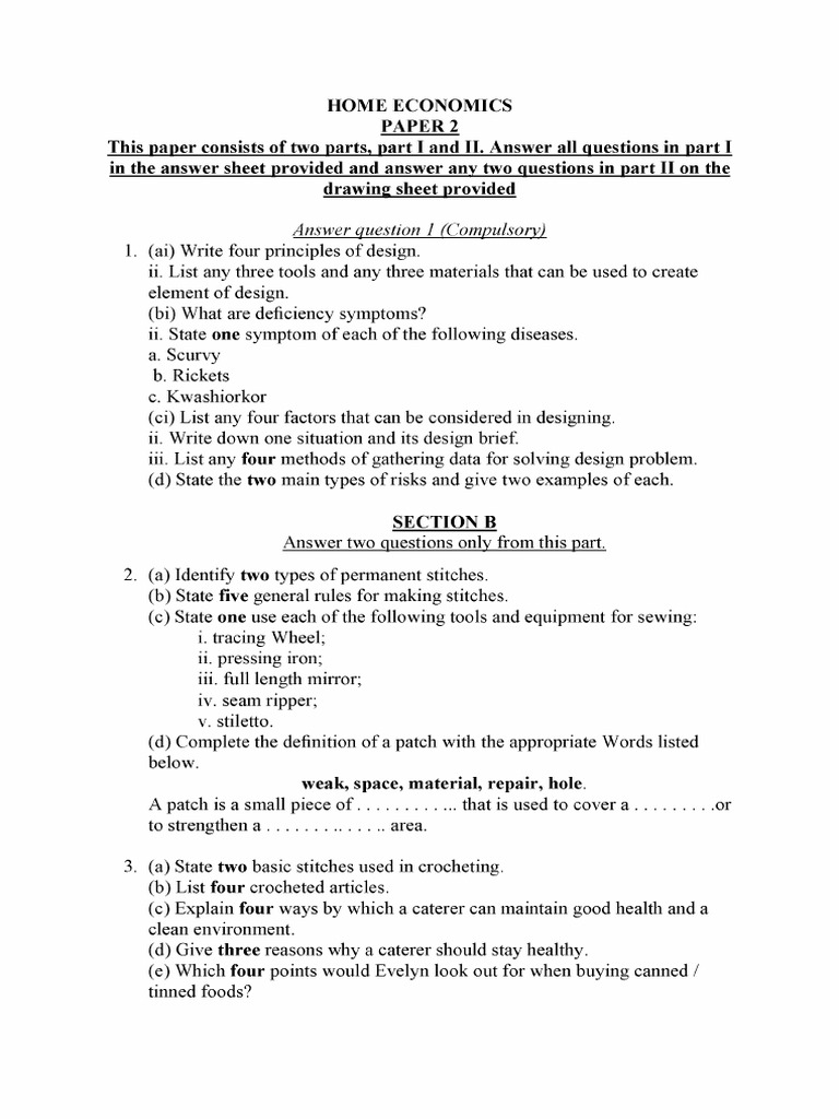 BECE 2025 Home Economics Questions | PDF