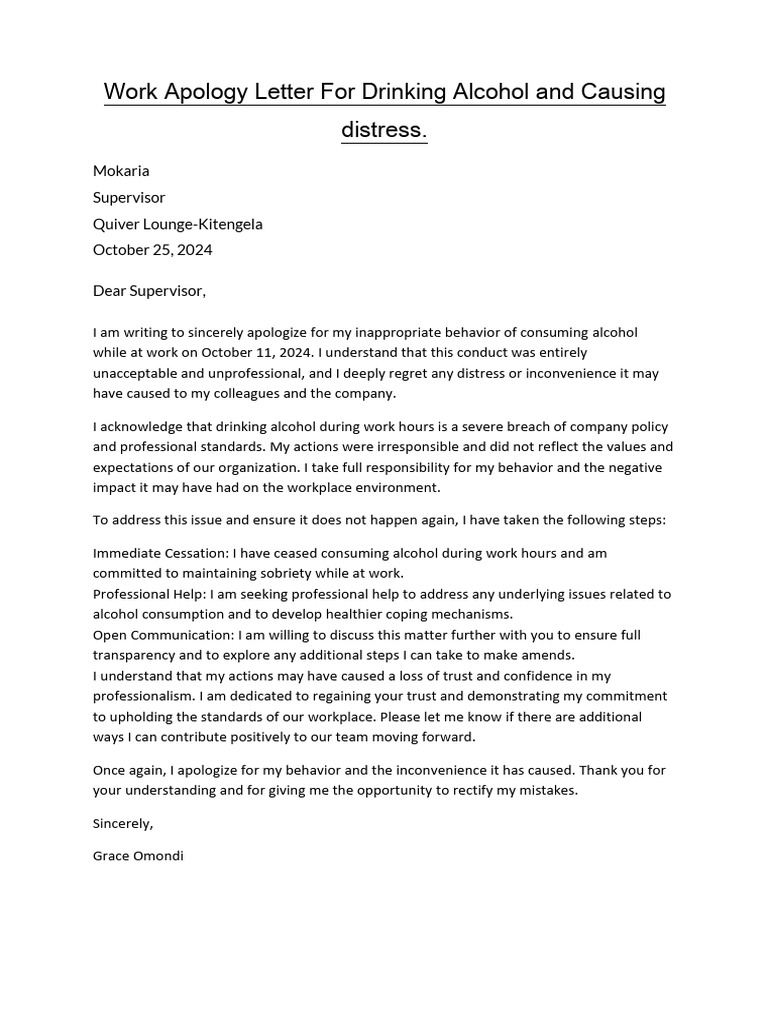 Work Apology Letter For For Drinking Alcohol | PDF