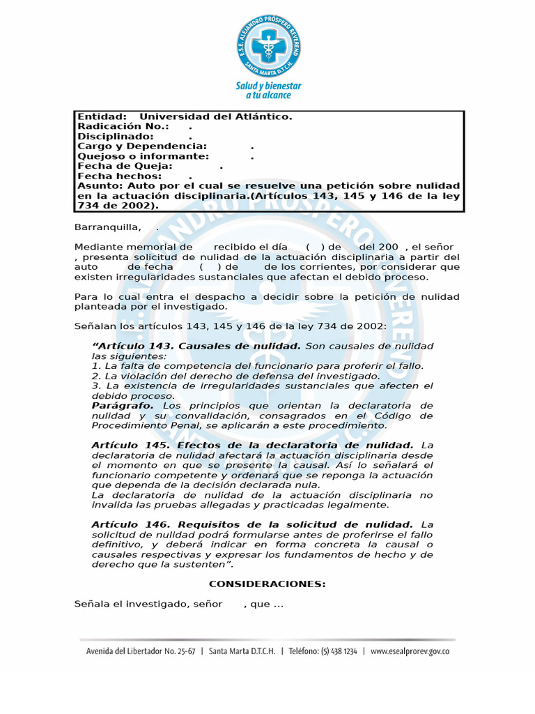 Nulidad en Actuación Disciplinaria | PDF | Debido al proceso | Nulo (ley)