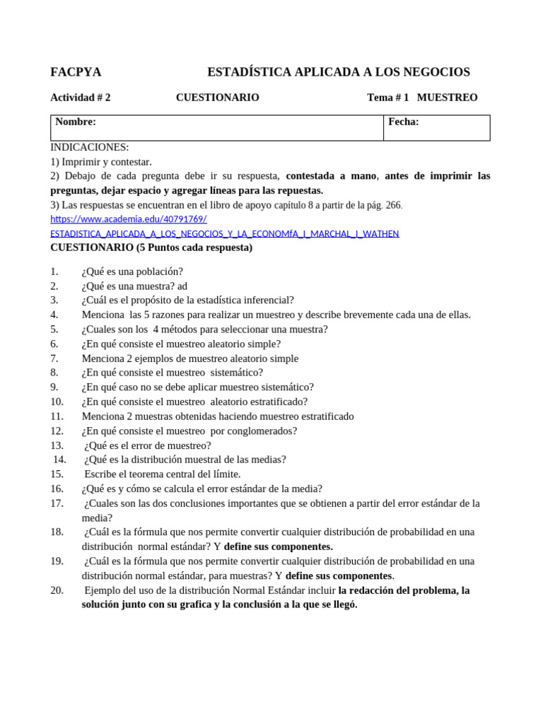 Cuestionario de Muestreo en Estadística | PDF
