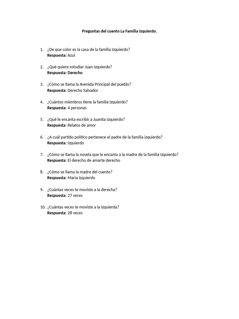 Preguntas Del Cuento La Familia Izquierdo | PDF