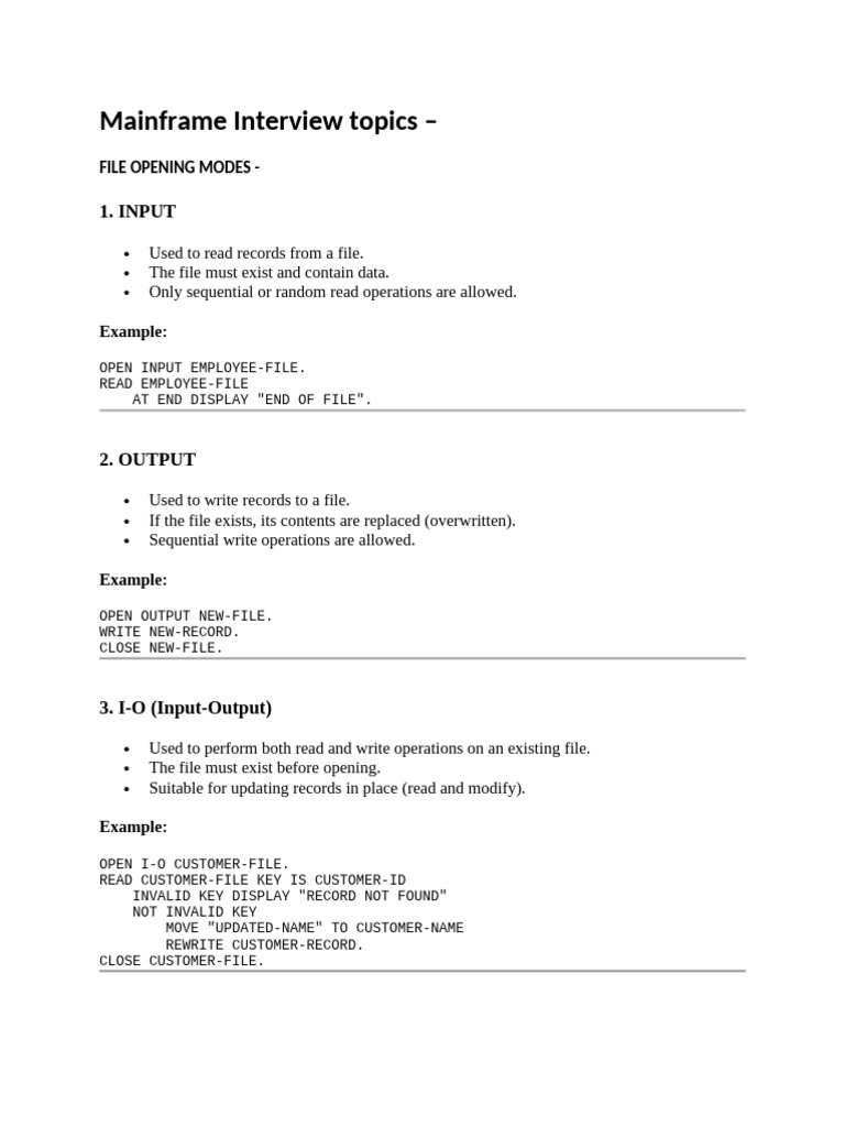 COBOL INTERVIEW TOPICS | PDF | Computer Program | Programming COBOL INTERVIEW TOPICS | PDF | Computer Program | Programming