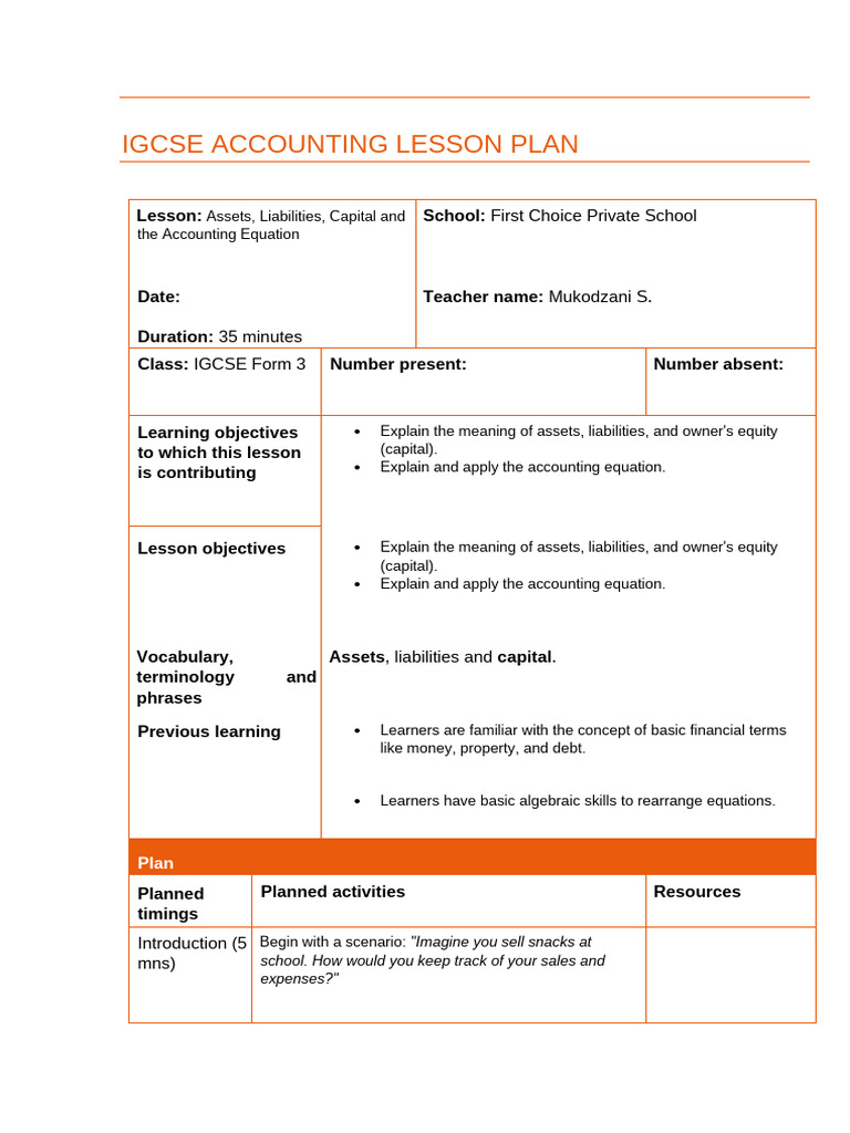 Accounting Lesson Plan 2 - Assets, Liabilities, Capital and Acccounting ...
