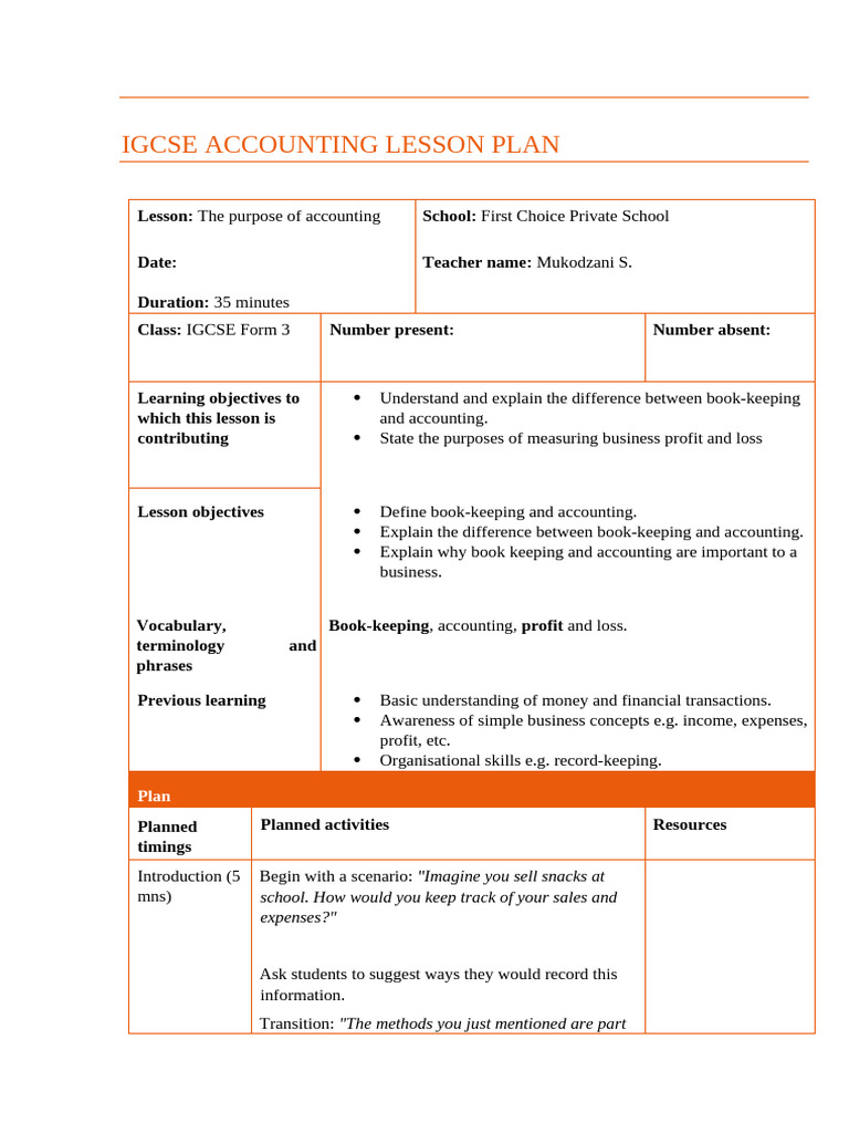 Accounting Lesson Plan 1 - Purpose of Accounting | PDF | Bookkeeping ...