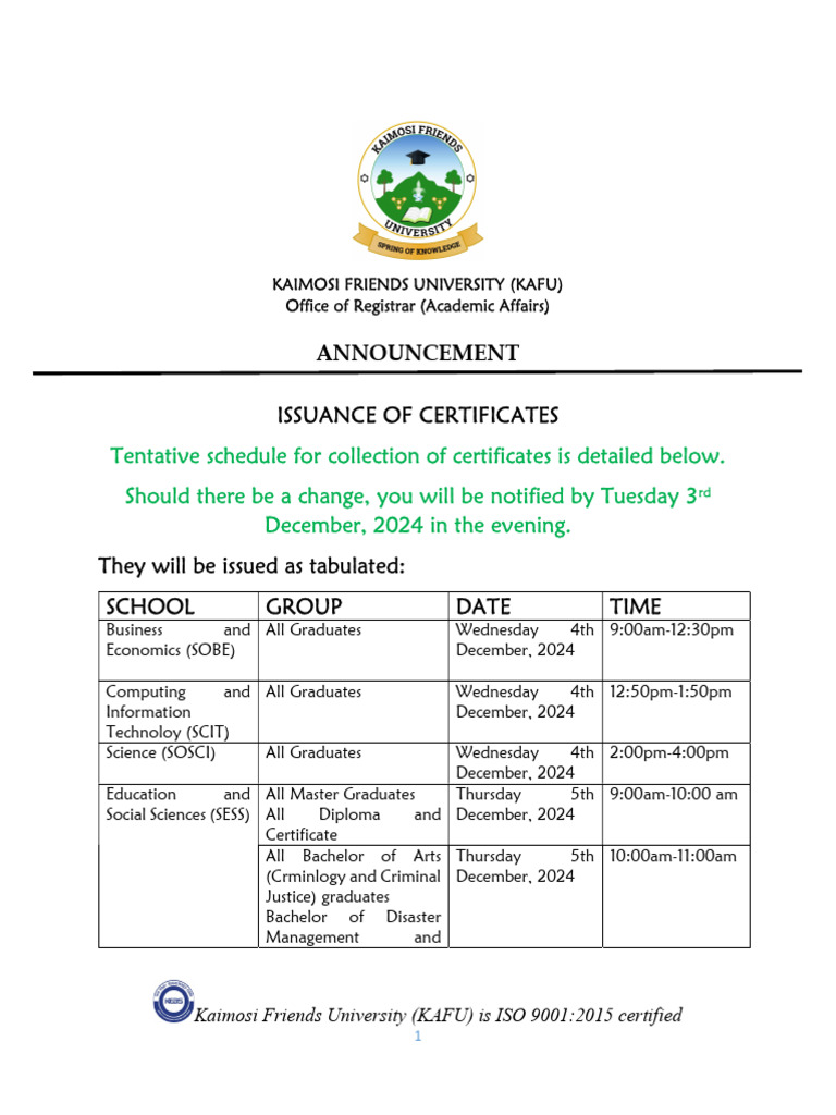 Certificate Collection Schedule | PDF | Qualifications | Educational Stages