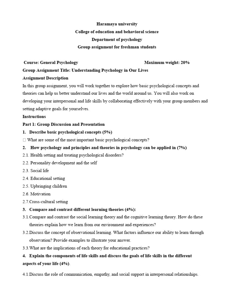 General Psychology Assignment For Freshman Students 2017 | PDF