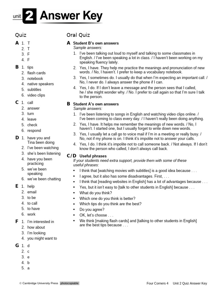 Four Corners Second Edition - Level 4 - Q02 - Key | PDF | Human Communication | Linguistics